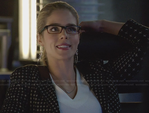 WornOnTV: Felicity’s black cross printed jacket on Arrow | Emily Bett ...