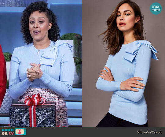 WornOnTV: Tamera’s blue ribbed bow sweater and tweed skirt on The Real ...