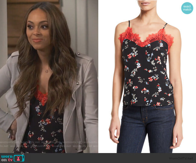 WornOnTV: Claire’s black floral cami and leather moto jacket on Happy ...