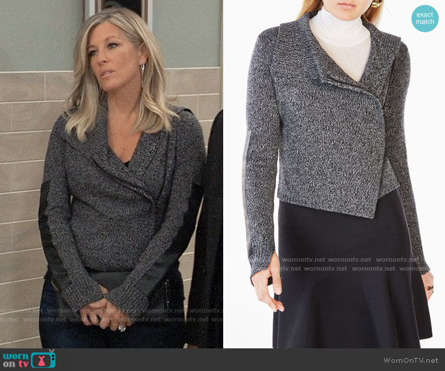 WornOnTV: Carly’s grey knit jacket with leather panels on General ...
