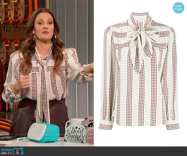 WornOnTV: Drew’s white dot print tie neck blouse on The Drew Barrymore Show | Drew Barrymore ...