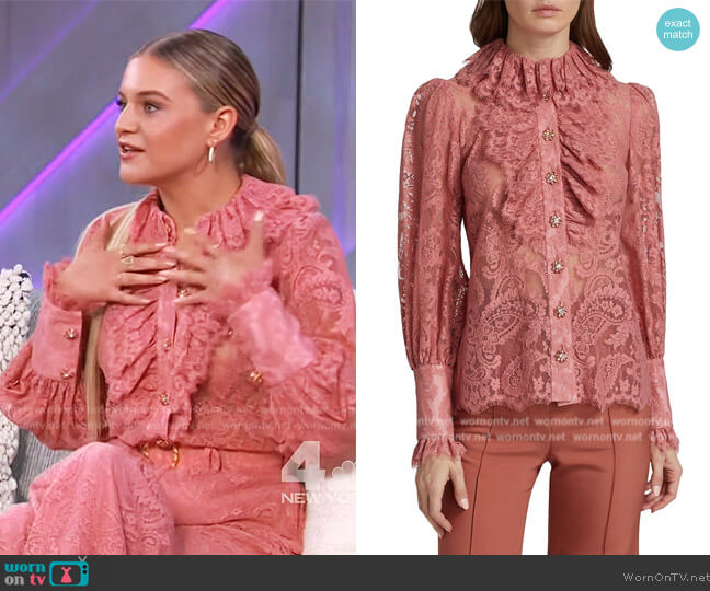 WornOnTV: Kelsea Ballerini’s pink lace ruffle blouse and pants on The ...