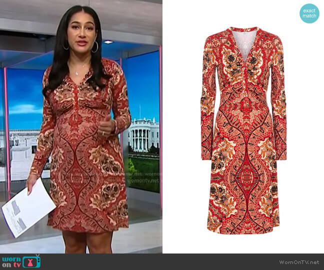 WornOnTV: Morgan’s red printed ruched dress on NBC News Daily | Morgan ...