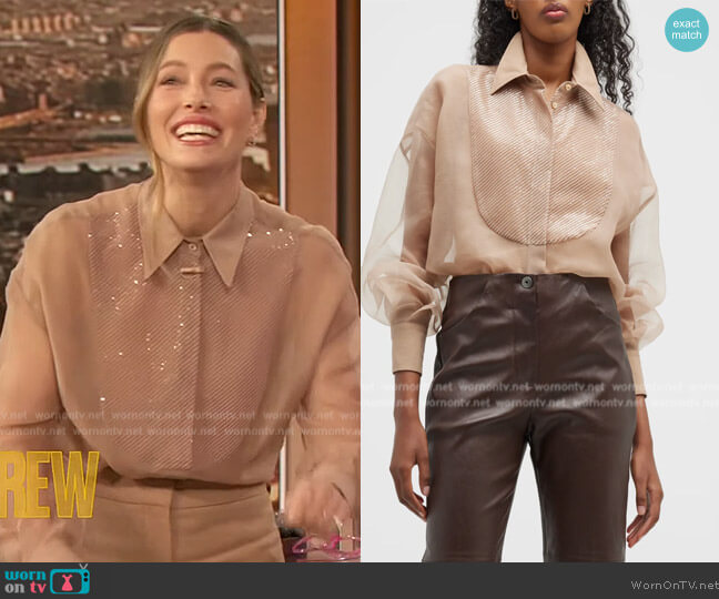 WornOnTV: Jessica Biel’s pink sheer embellished blouse on The Drew ...