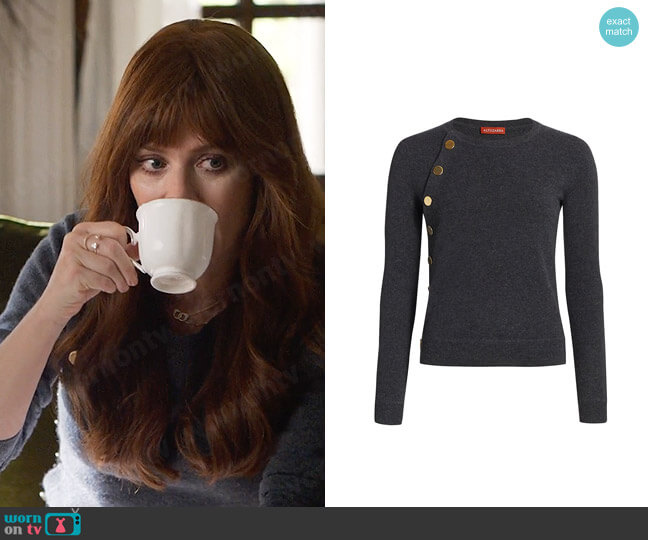 WornOnTV: Nicky’s grey sweater with gold buttons on Monarch | Anna ...