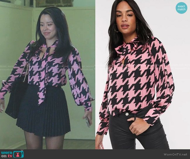 WornOnTV: Mariana’s pink houndstooth tie neck blouse on Good Trouble ...