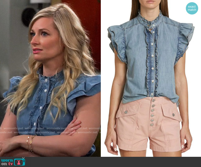 WornOnTV: Gemma’s denim ruffled shirt on The Neighborhood | Beth Behrs ...