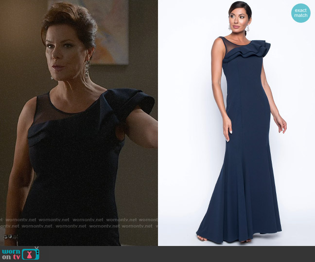 WornOnTV: Margaret’s navy ruffled shoulder evening gown and jewelry on ...