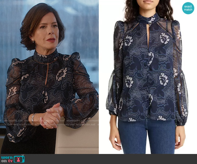 WornOnTV: Margaret’s blue floral mock-neck blouse on So Help Me Todd ...