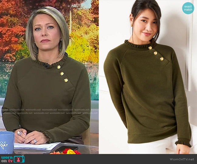 WornOnTV: Dylan’s green ruffle trim top with gold buttons on Today ...
