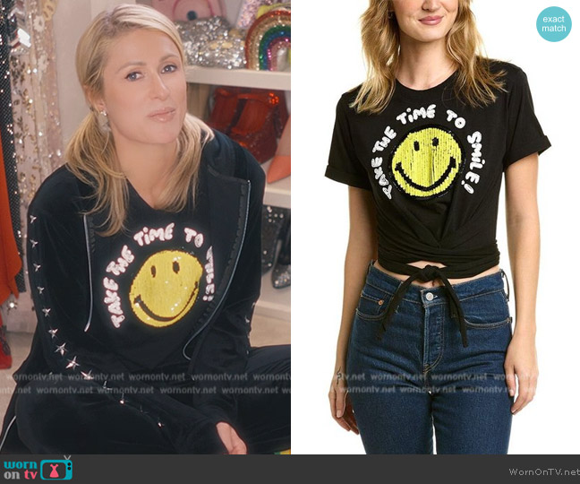 WornOnTV: Paris’s black smiley face confessional tee on Paris in Love ...
