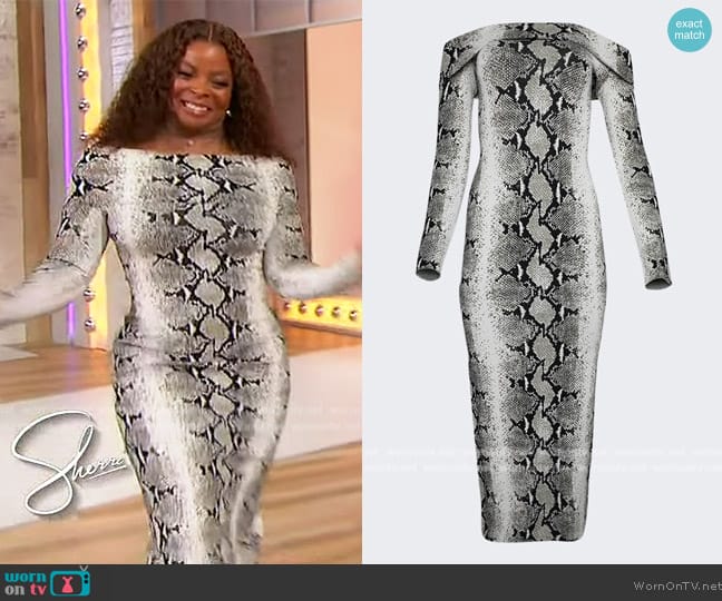 WornOnTV: Janelle James’ gray snakeskin print off shoulder dress on ...