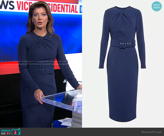 WornOnTV: Norah’s navy belted sheath dress on CBS Evening News | Norah ...