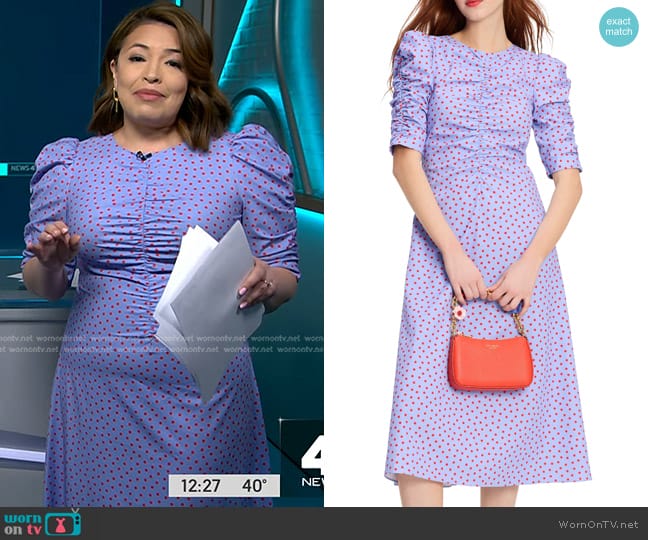 WornOnTV: Gilma Avalos’s blue polka dot ruched dress on NBC News Daily | Clothes and Wardrobe ...