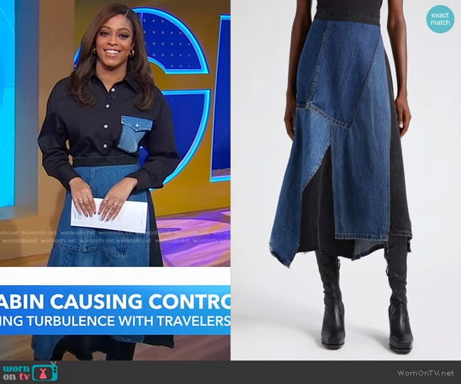 WornOnTV: Morgan’s patchwork denim skirt on Good Morning America ...