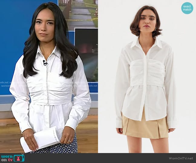 WornOnTV: Emilie’s white corset shirt on Today | Emilie Ikeda | Clothes and Wardrobe from TV