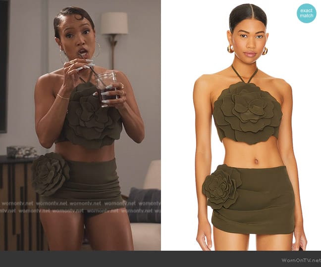 WornOnTV: Ivy’s olive rose applique top and mini skirt on Bel-Air | Clothes and Wardrobe from TV