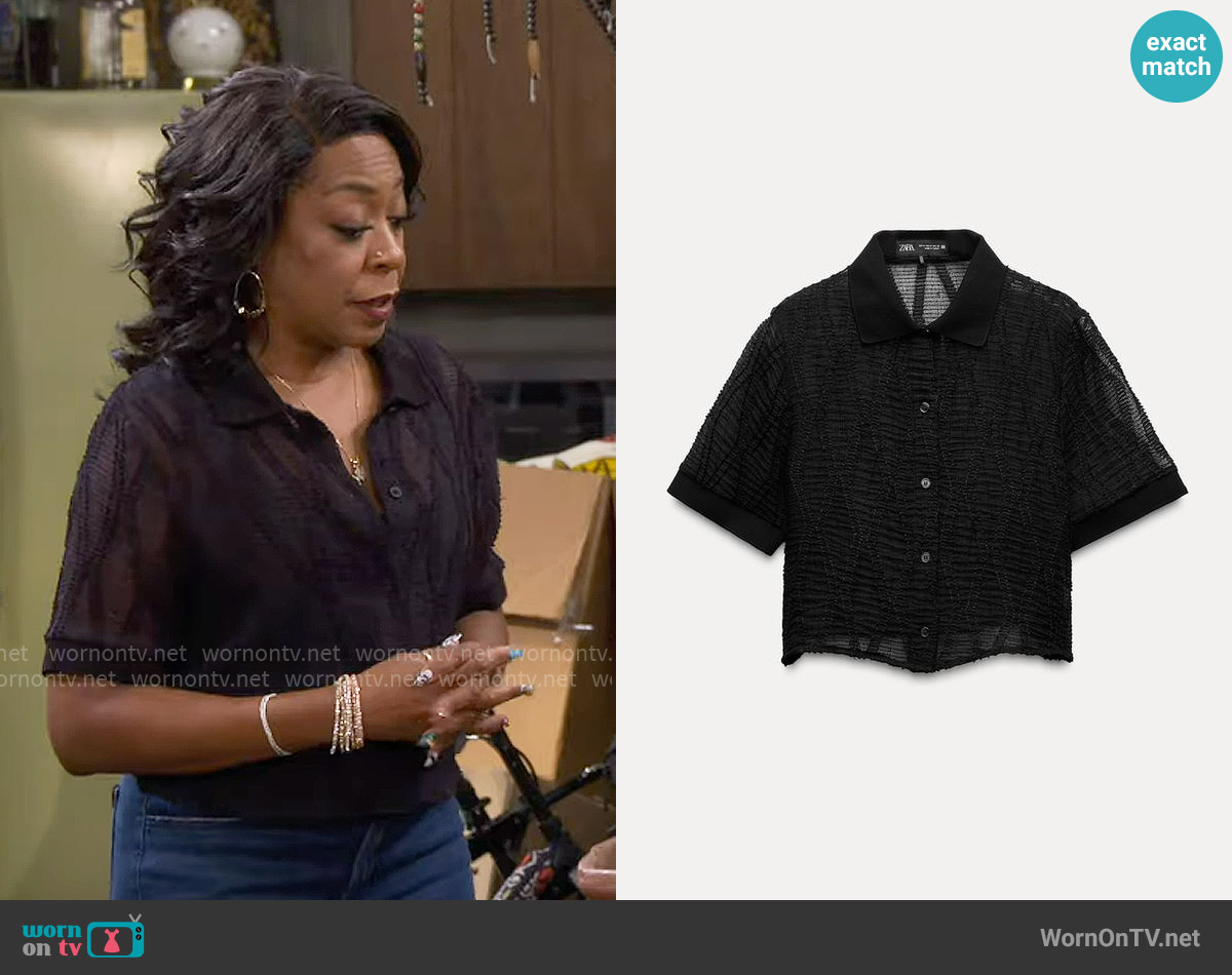 WornOnTV: Tina’s sheer black cropped shirt on The Neighborhood ...