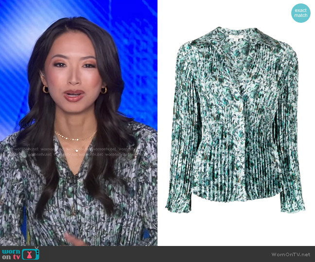 WornOnTV: Jaclyn Lee’s green floral pleated blouse on Good Morning ...