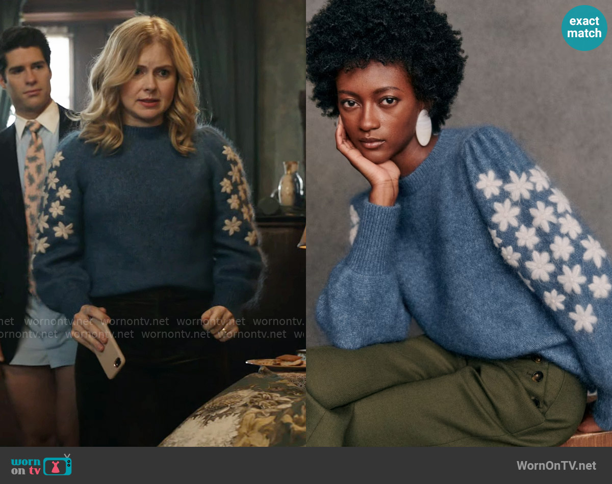 WornOnTV: Sam’s blue sweater with floral sleeves on Ghosts | Rose ...