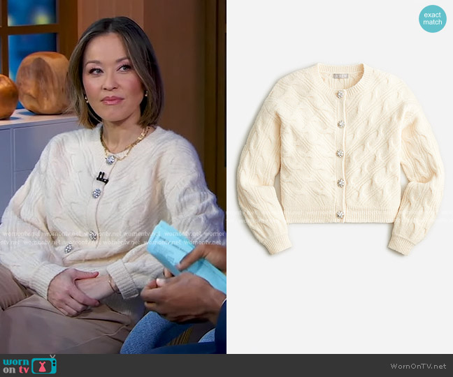 WornOnTV: Eva’s ivory cable knit cardigan on Good Morning America | Eva ...