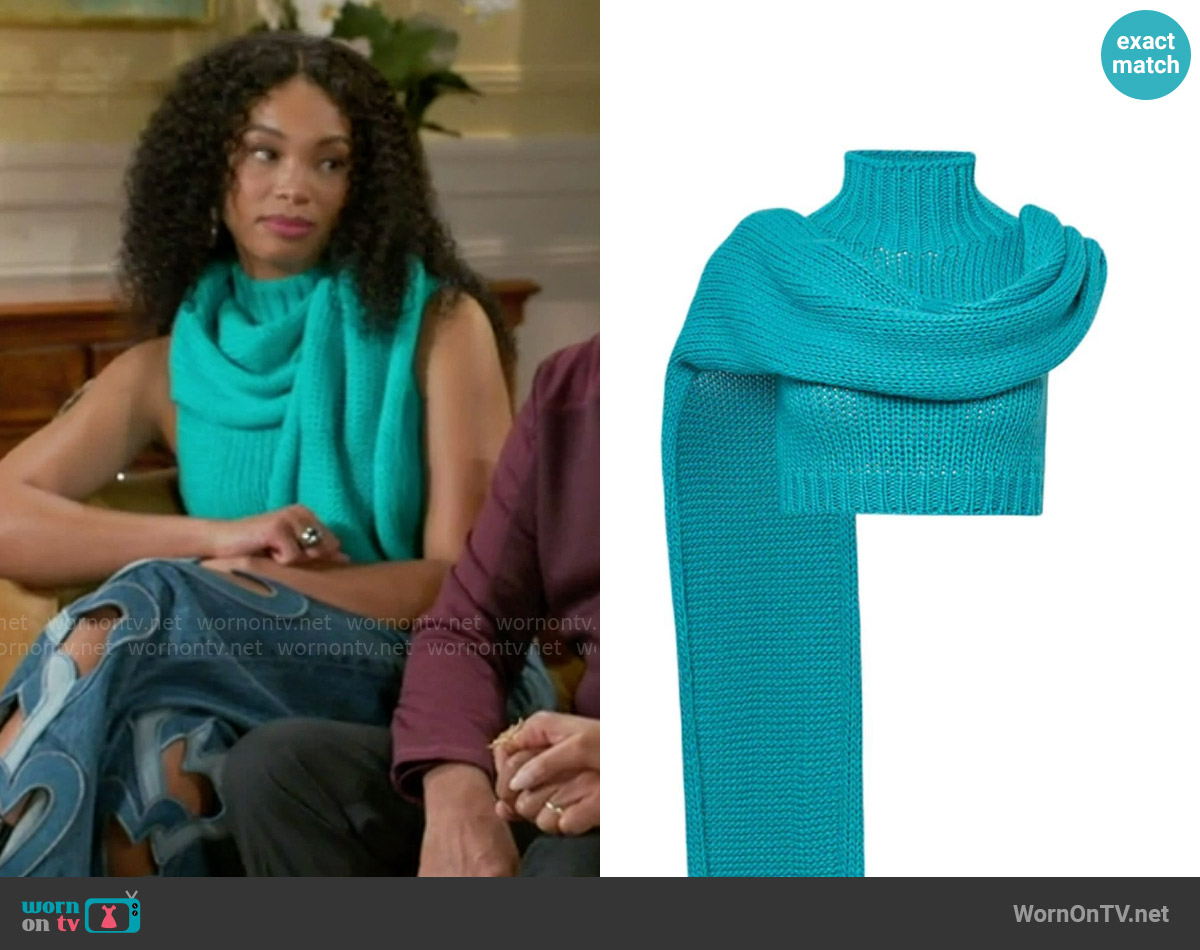 WornOnTV: Chelsea’s teal scarf top and heart cutout jeans and yellow ...