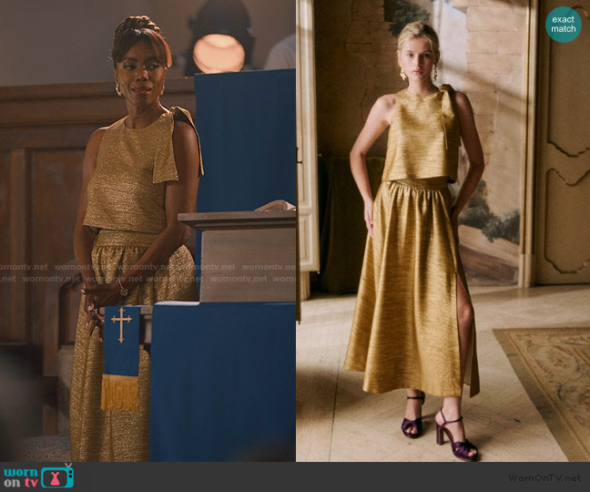 WornOnTV: Helen’s gold metallic top and skirt on Sweet Magnolias ...