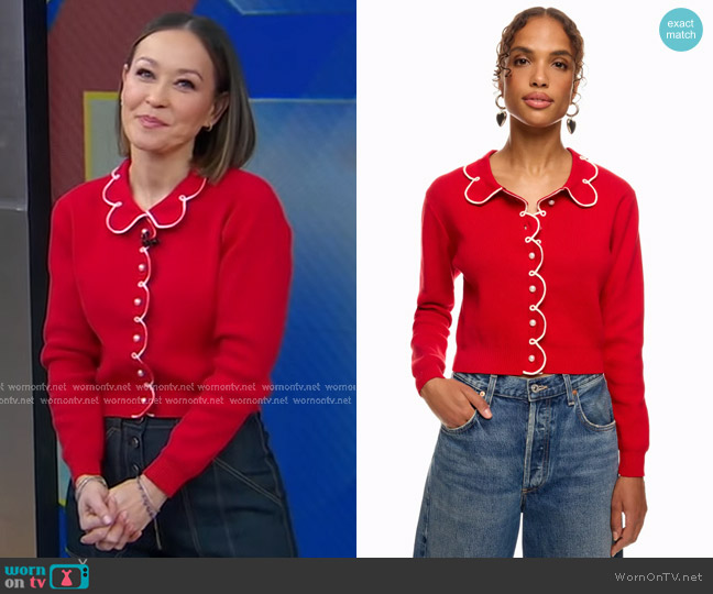 WornOnTV: Eva’s red scalloped trim cardigan and jeans on Good Morning ...