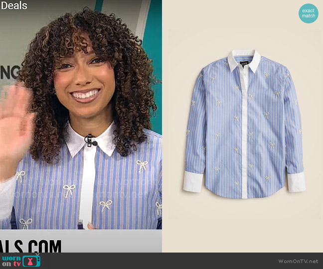 WornOnTV: Gabrielle Kerr’s blue striped shirt with bows on CBS Mornings ...