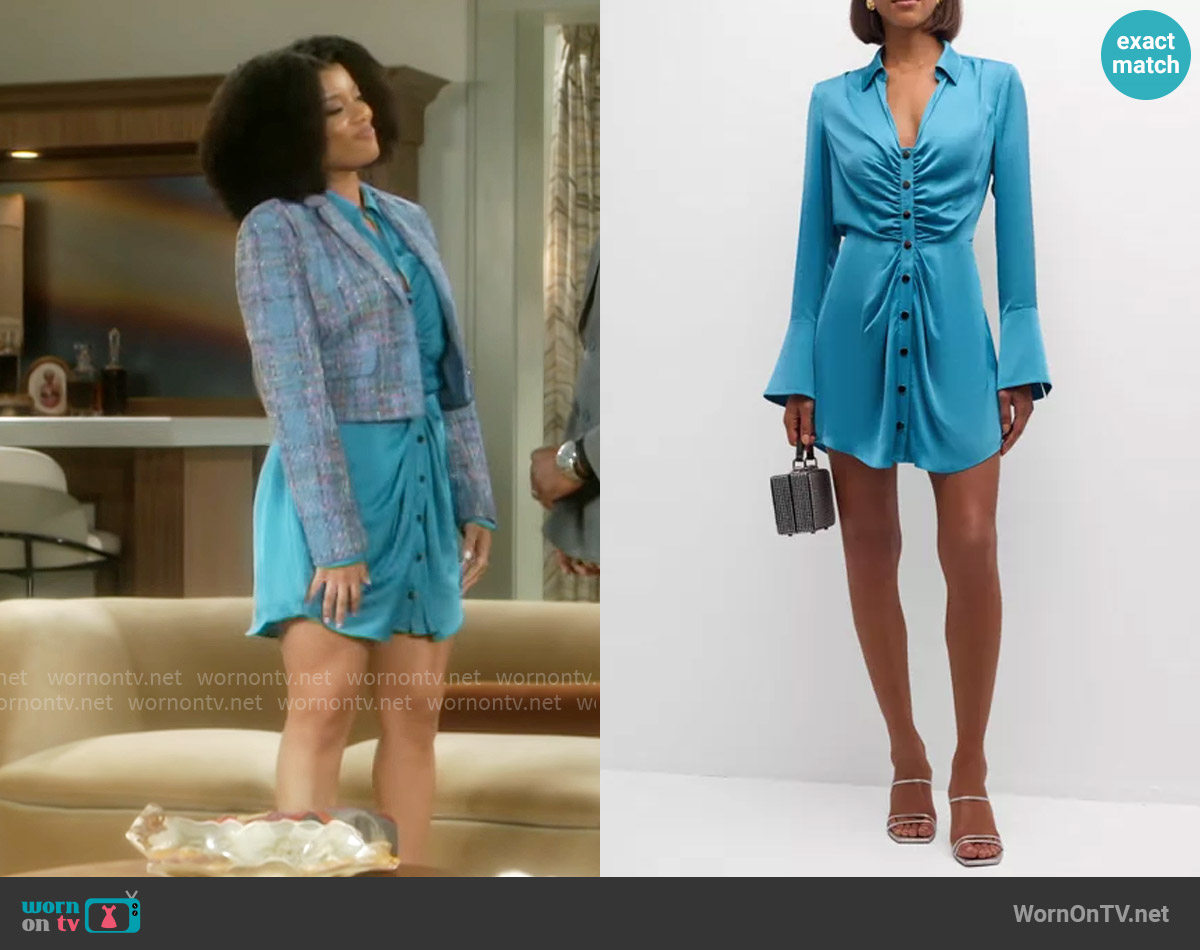 WornOnTV: Eva’s blue tweed jacket and button front dress on Beyond the ...
