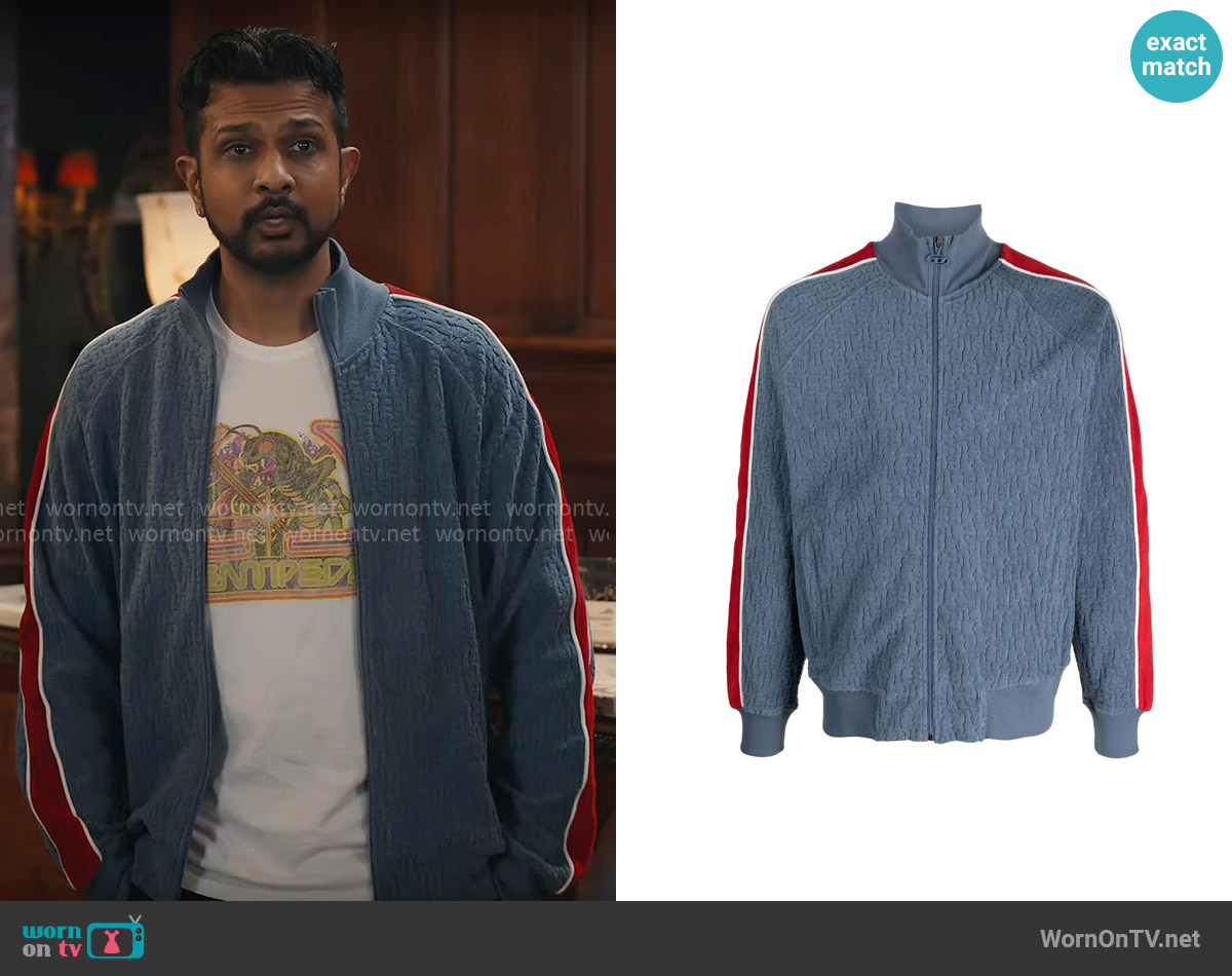 WornOnTV: Jay’s blue textured jacket with red striped sleeves on Ghosts ...