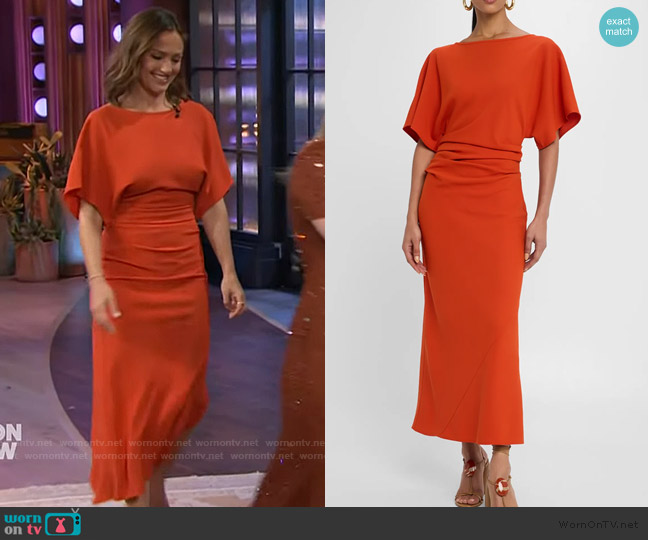 WornOnTV: Minka Kelly’s orange drape dress on The Kelly Clarkson Show ...