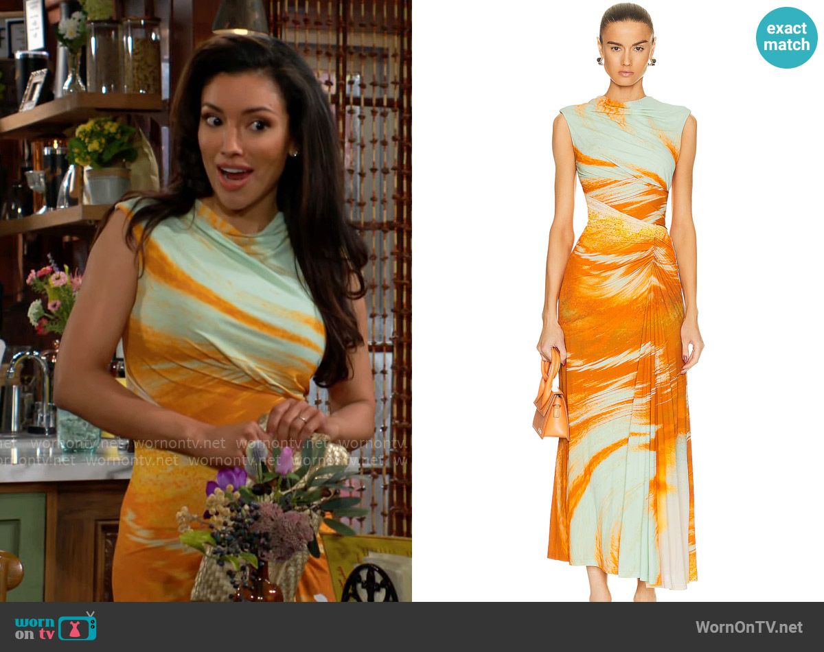 WornOnTV: Audra’s aqua and orange printed midi dress on The Young and the Restless | Zuleyka ...