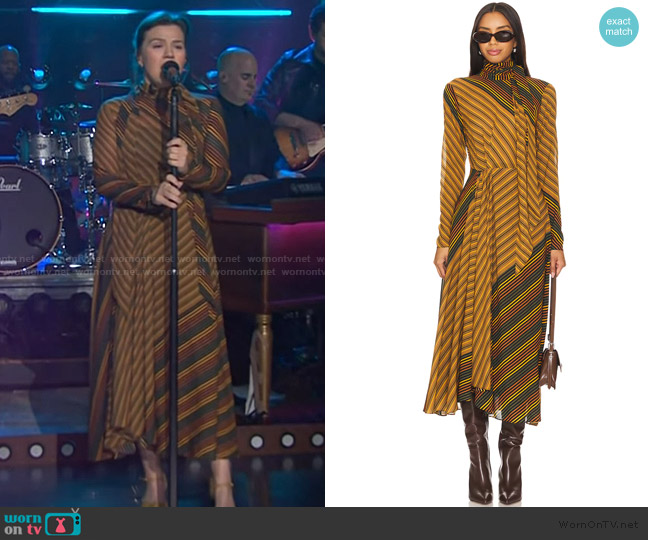 WornOnTV: Kelly’s striped tie neck dress on The Kelly Clarkson Show ...