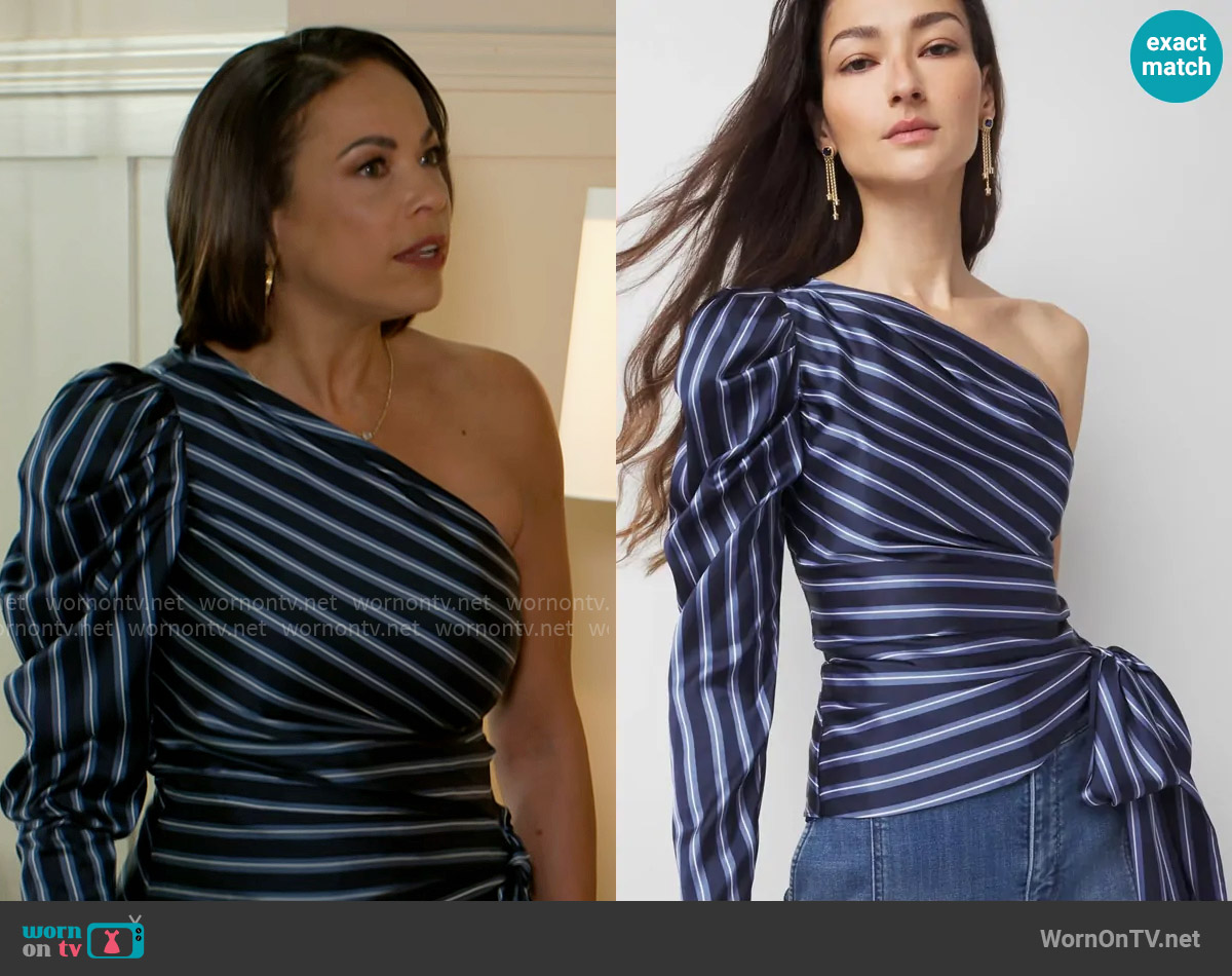 WornOnTV: Nicole’s blue striped one-shoulder top on Beyond the Gates ...