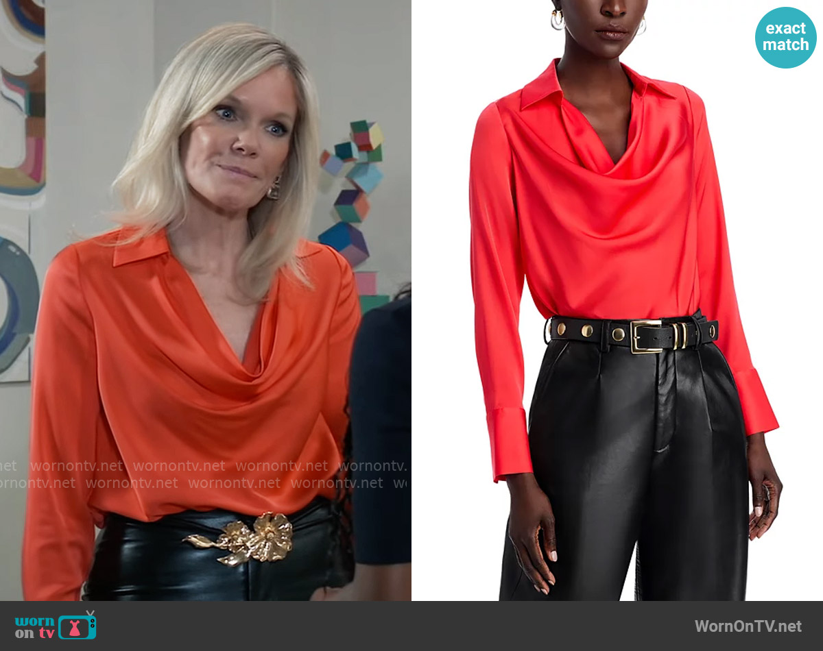 WornOnTV: Ava’s red cowl-neck blouse and gold flower belt on General ...