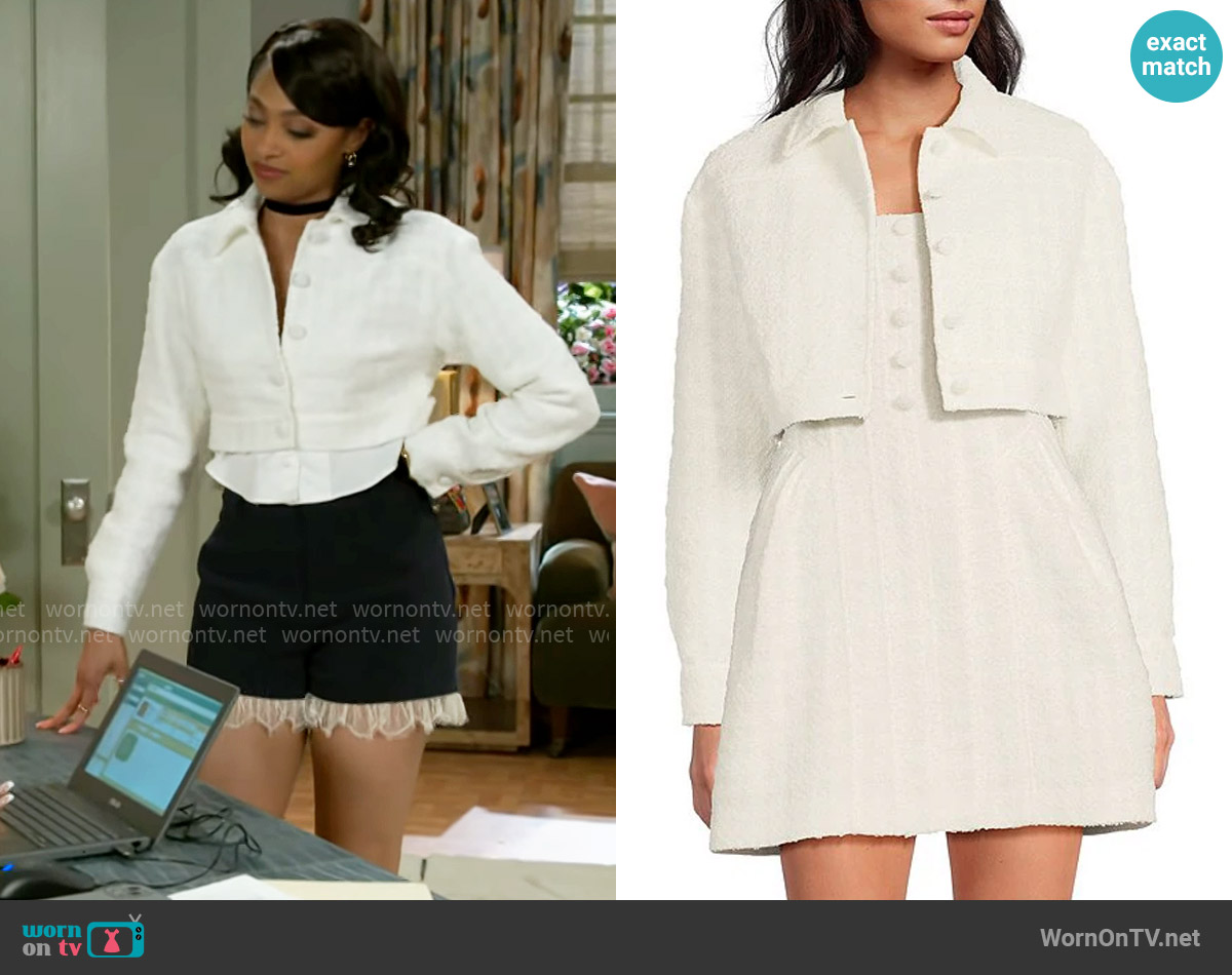 WornOnTV: Kat’s white cropped jacket and lace trim shorts on Beyond the ...