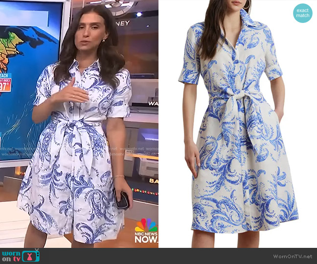WornOnTV: Angie Lassman’s white and blue print tie waist shirtdress on ...