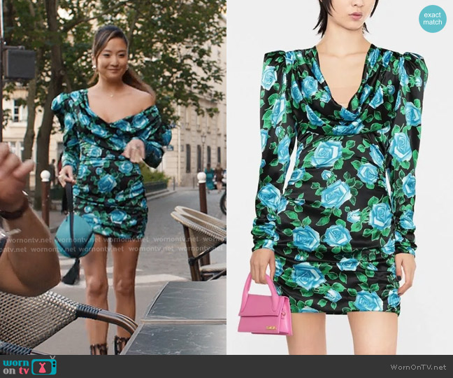 WornOnTV: Mindy’s black and blue rose print mini dress on Emily in ...