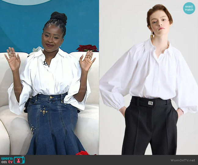 WornOnTV: Amanda Gorman’s white balloon sleeve blouse and denim skirt ...