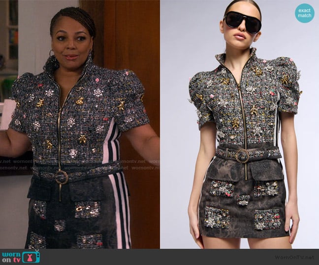 WornOnTV: Regina’s gray tweed embellished mini dress on The Upshaws ...