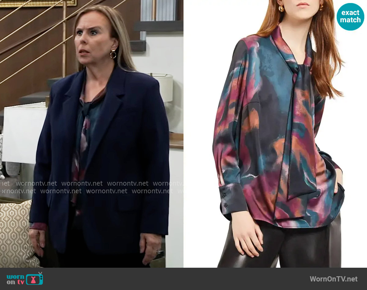 WornOnTV: Laura’s floral tie-neck blouse and navy blazer on General ...