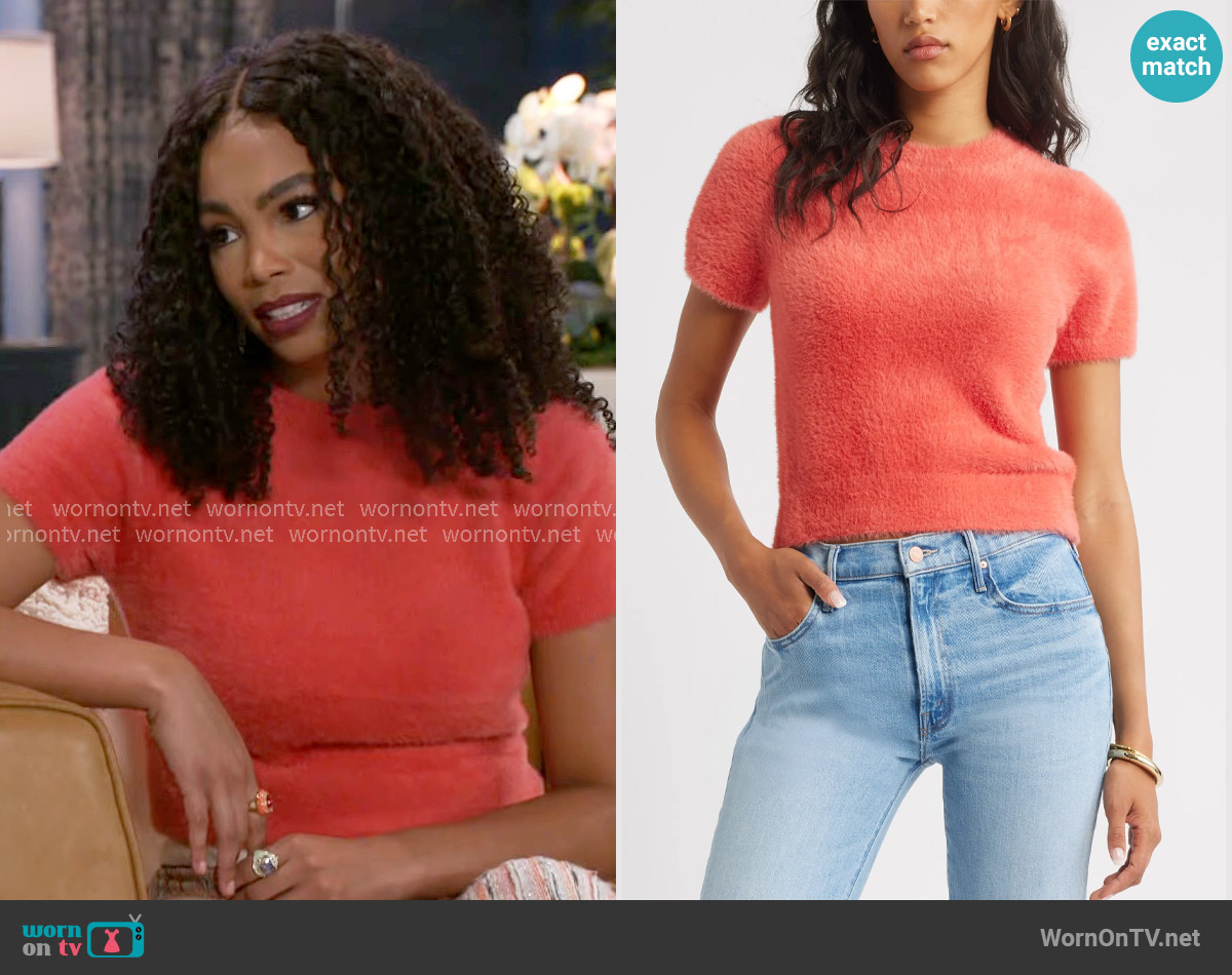 WornOnTV: Chelsea’s orange fluffy top, cropped jacket and striped pants ...