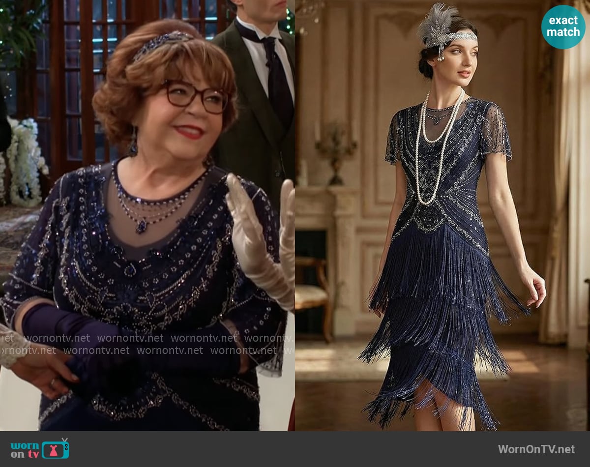 WornOnTV: Shirley’s blue embellished dress at Sally and Billy’s wedding ...